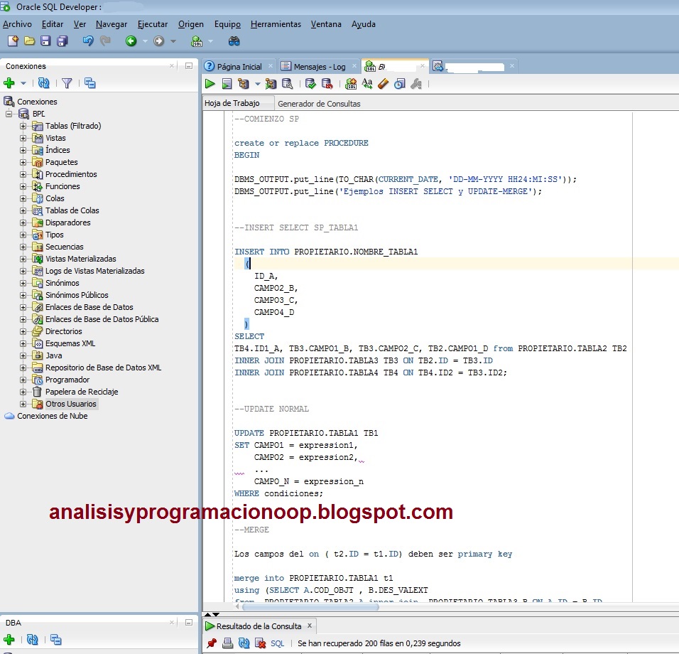 Análisis y Programación: Procedimientos almacenados, INSERT SELECT , UPDATE y MERGE con Oracle