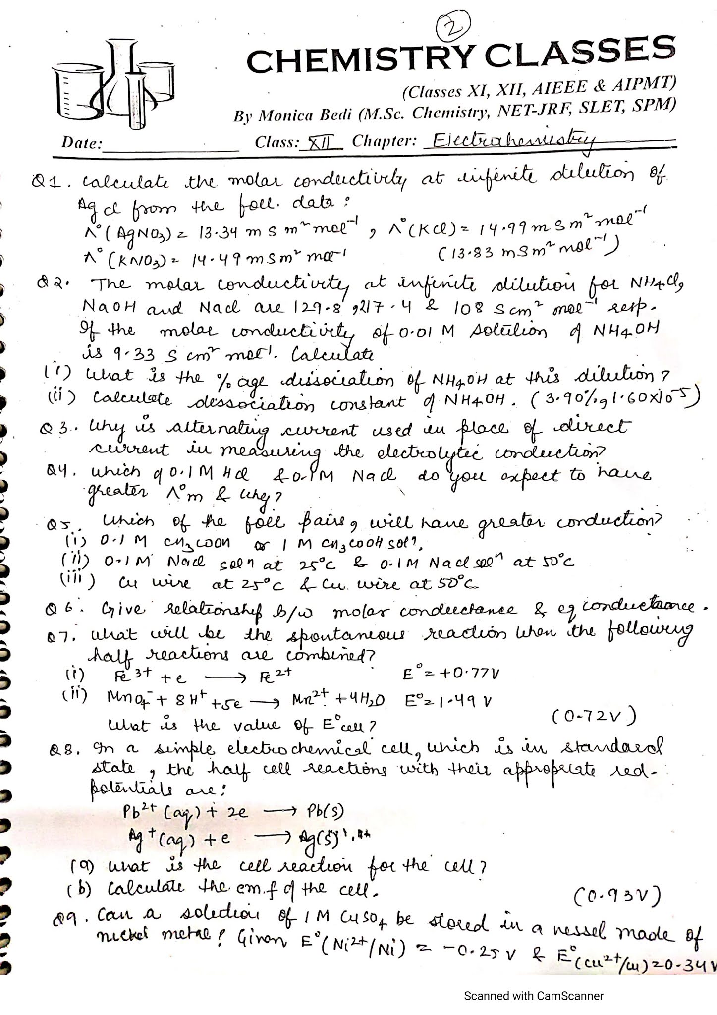 Chapter 3- Electrochemistry Class 12 Handwritten Notes PDF download