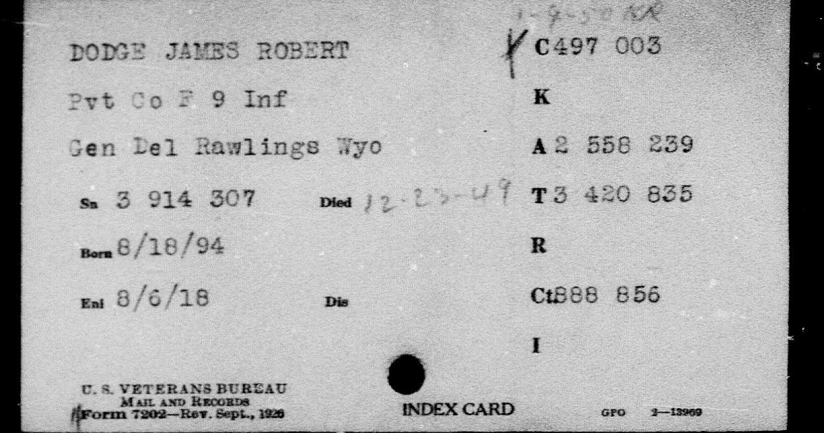 Dodge Family History: World War I Veterans Affairs Master Index Cards