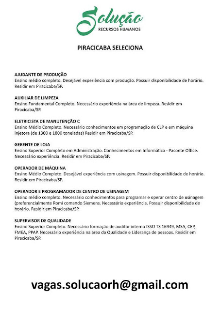 DIVERSAS VAGAS DE EMPREGO EM PIRACICABA