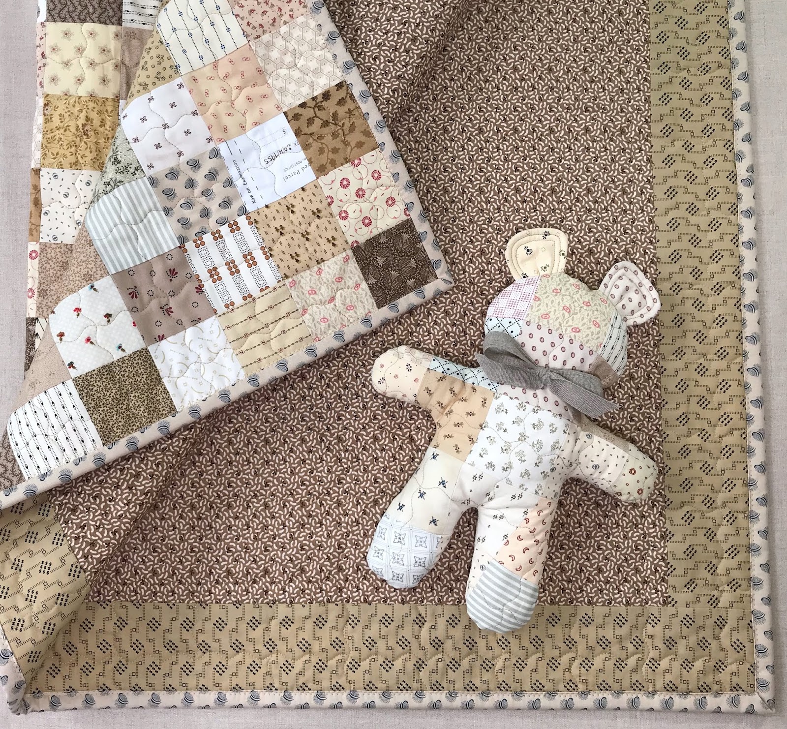 Patchwork Gender Neutral Baby Quilt and Teddy Bear Set
