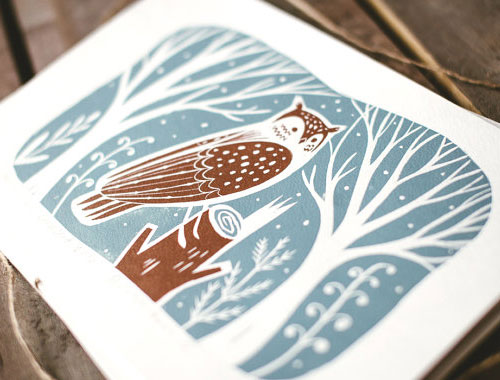 My Owl Barn: Winter Themed Linocut Artwork