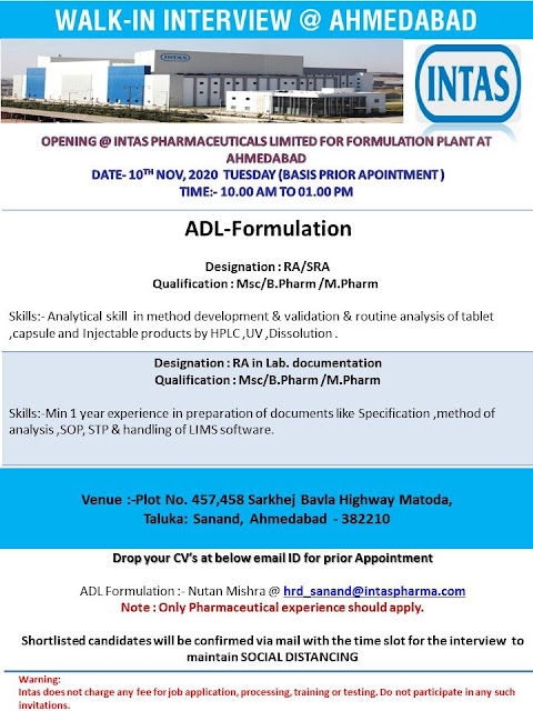 Intas Pharma - Walk-In Interviews for ADL (Formulation) / Manufacturing (Solid Oral) on 10th Nov ...