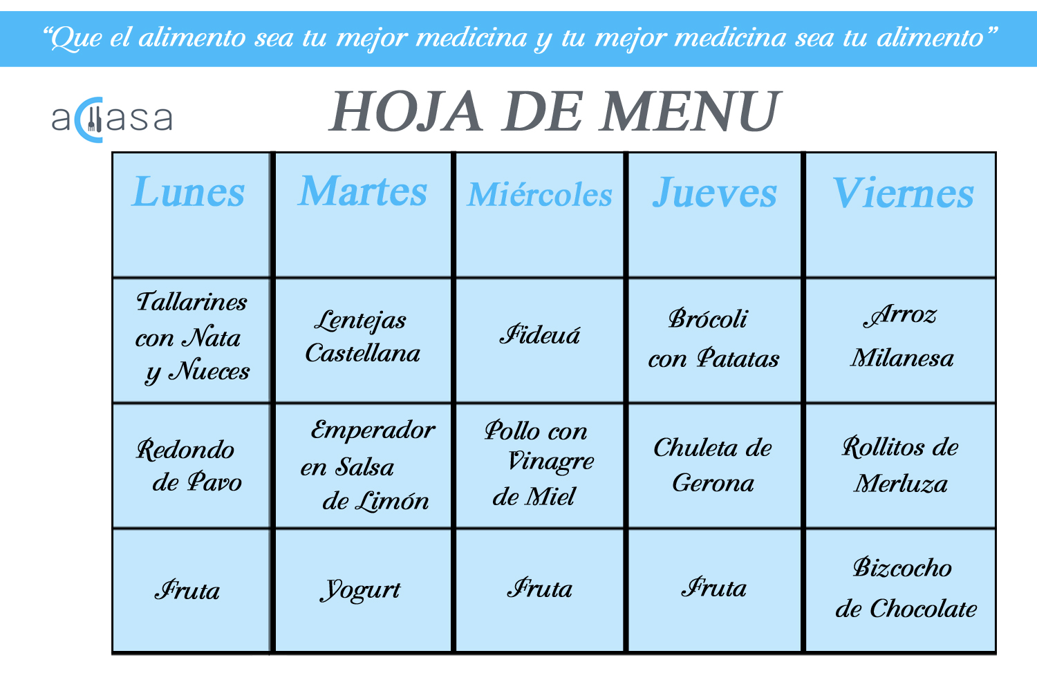 Ejemplo Menú semanal dieta basal