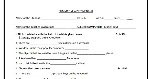 Computer Science: Model Papers Grade 1