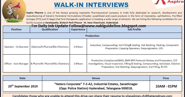 NABL GUIDELINES: Walk-In Interviews in Aspiro Pharma Ltd - for Production - B.Sc, M.Sc, B.Pharm ...
