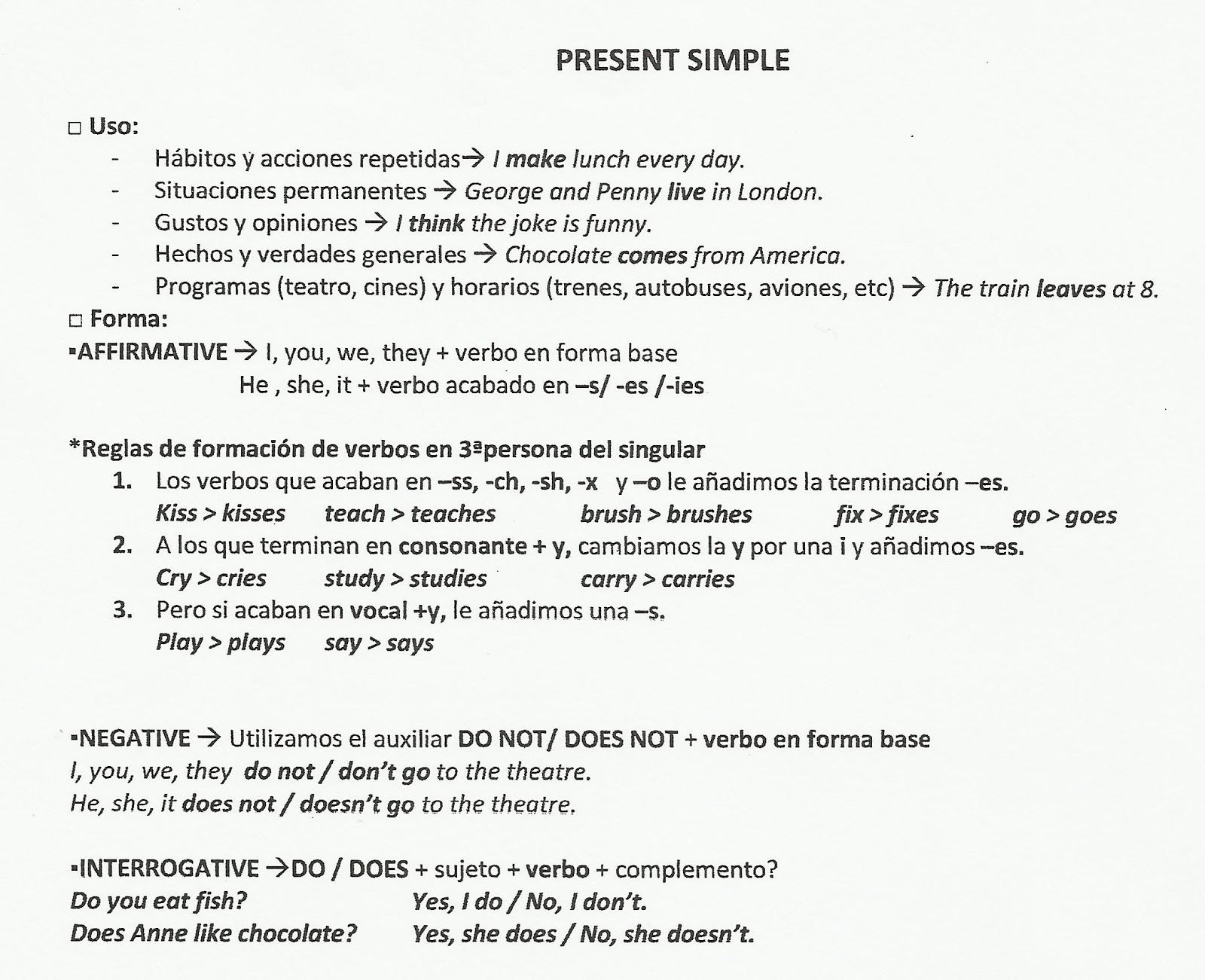 MY ENGLISH CORNER: PRESENT SIMPLE 2º, 3º o 4º ESO