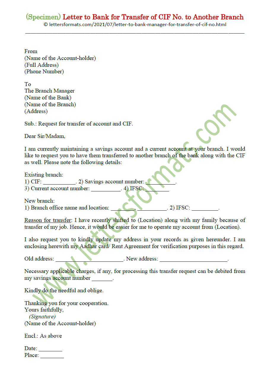 Draft Letter To Bank For Transfer Of CIF No To Another Branch draft-letter-to-bank-for-transfer-of-cif-no-to-another-branch