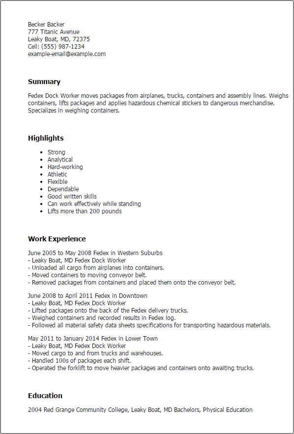 Fedex Dock Worker Cover Letter ~ Resume Letter