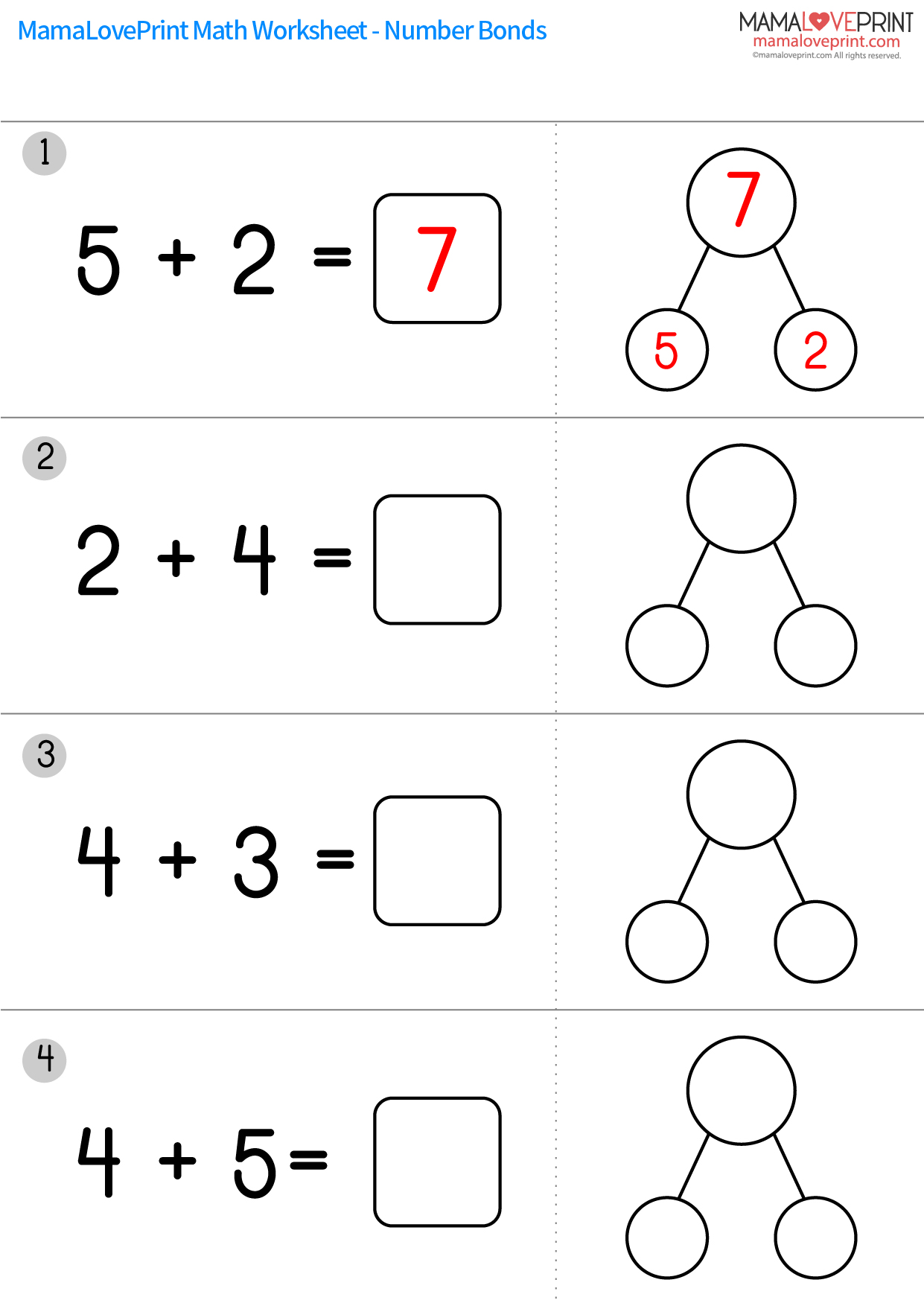 MamaLovePrint . K3 Math Worksheet . Number Bonds (Parts and whole ...