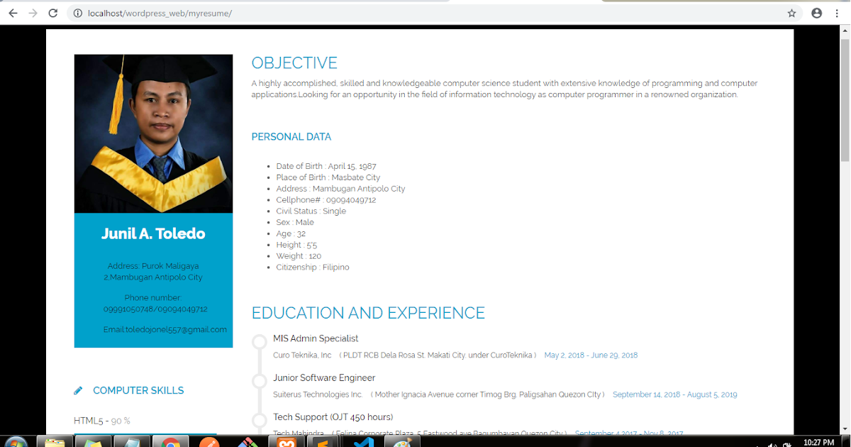 Sample CV/Resume Using Wordpress Plugin