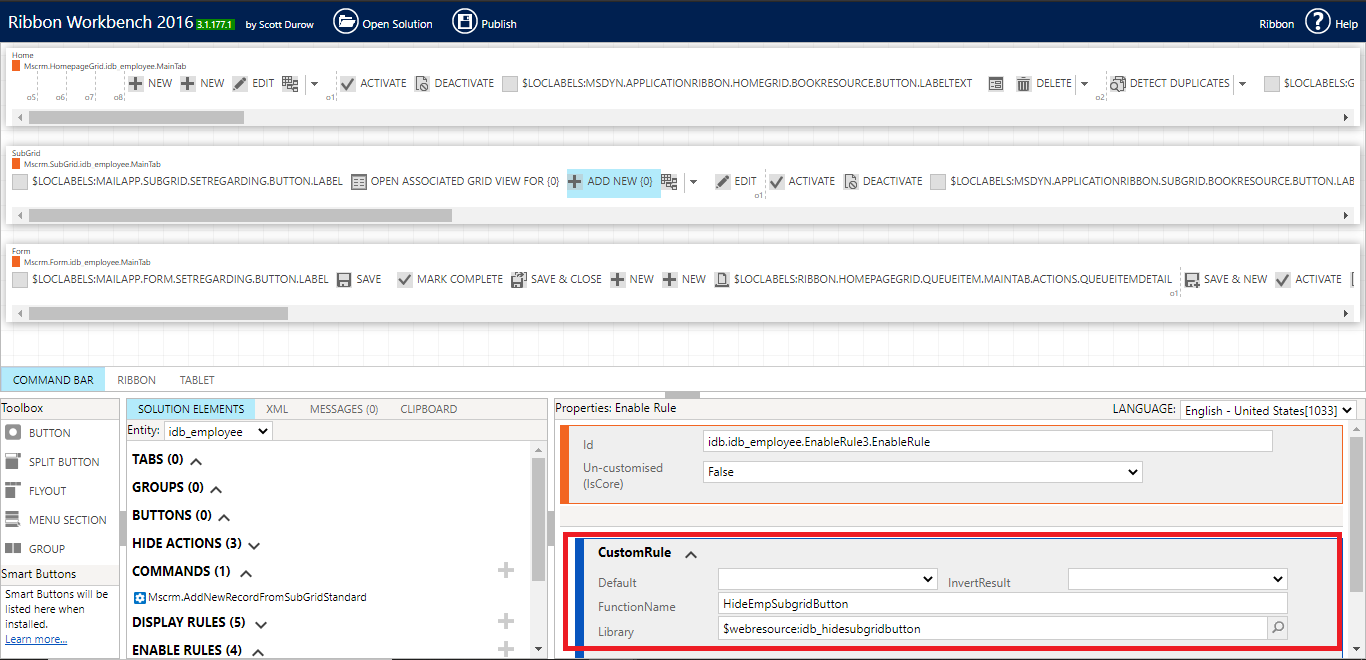Hiding Sub Grid buttons using Ribbon Workbench and JavaScript in Dynamics 365.