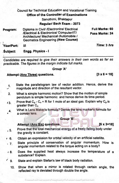 Engineering Physics I - 1st Semester Question Papers CTEVT | Diploma in ...