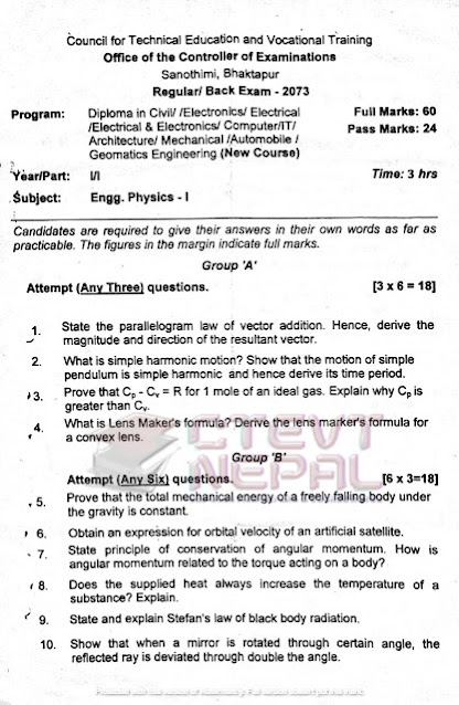 Engineering Physics I - 1st Semester Question Papers CTEVT | Diploma in ...