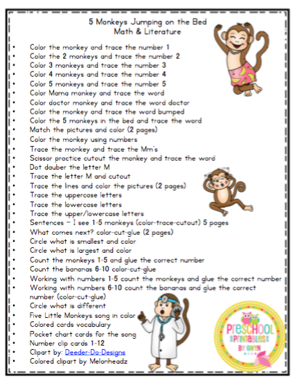 5 Monkeys Jumping on the Bed Math and Literature ~ Preschool Printables