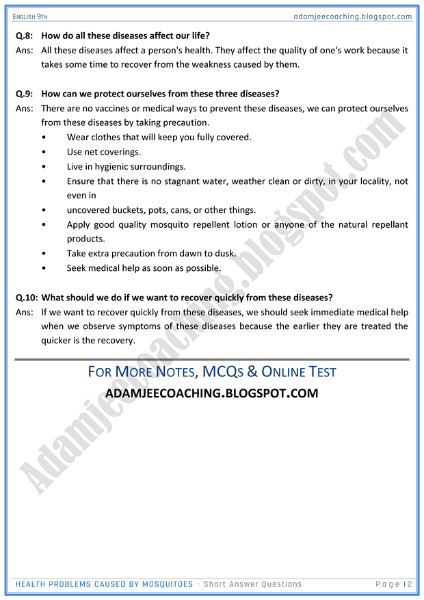 Adamjee Coaching: Healthy Life Style - Question Answers - English 9th