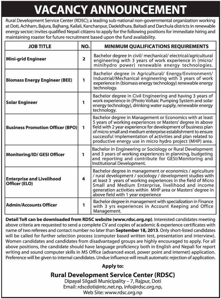 Various Engineers Vacancy - Rural Development Service Center(RDSC ...