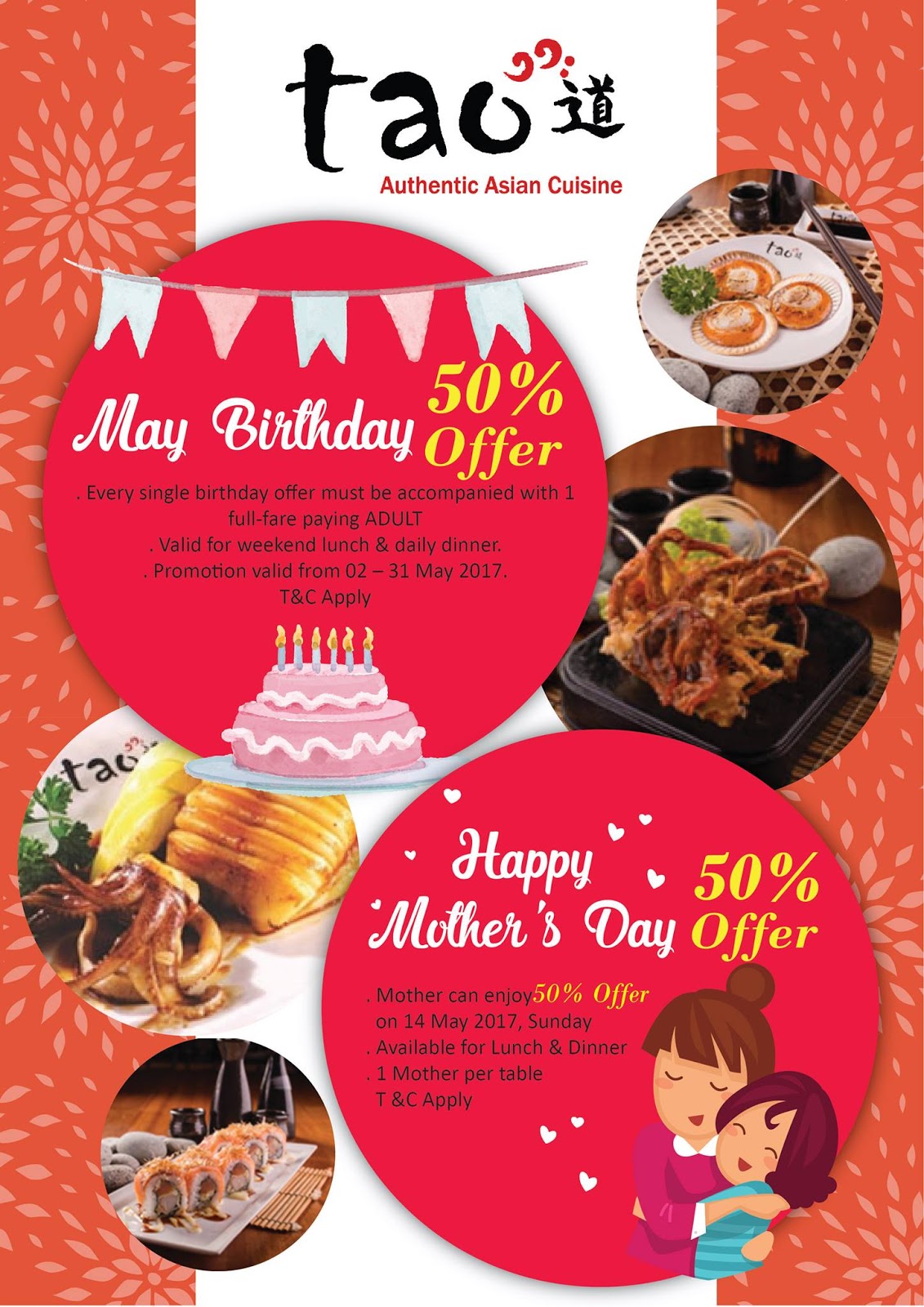 Tao Authentic Asian Cuisine Buffet 50 Discount For Mothers Day 14 May 2017 And Birthday Until 31