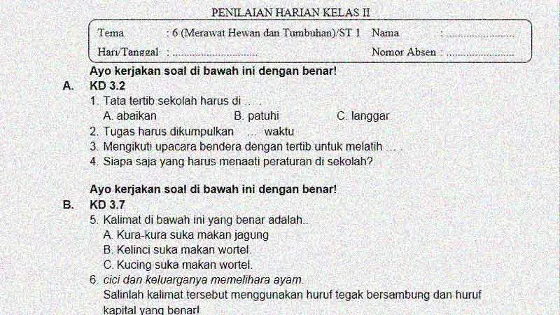 Soal Penilaian Harian Kelas 2 Tema 6 Subtema 1 dan Kunci Jawaban - SekolahDasar.Net