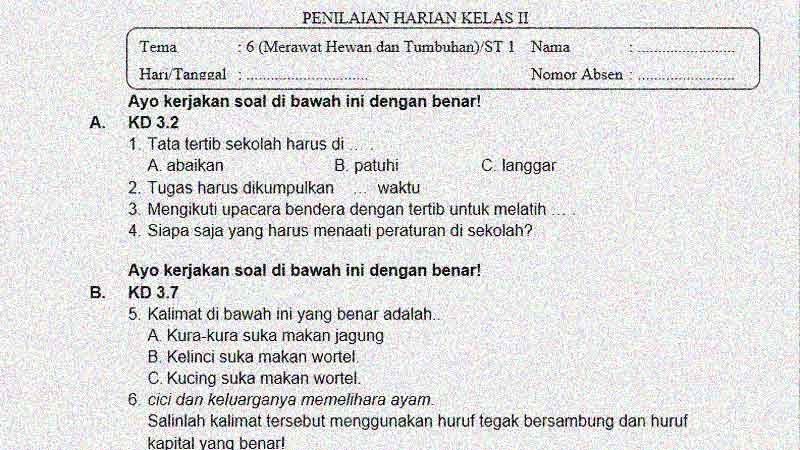 Soal Penilaian Harian Kelas 2 Tema 6 Subtema 1 dan Kunci Jawaban - SekolahDasar.Net