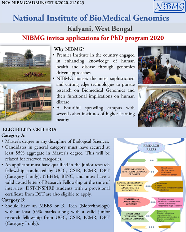 NIBMG BioMedical Genomics Integrated MS-PhD program 2020 Admissions Open