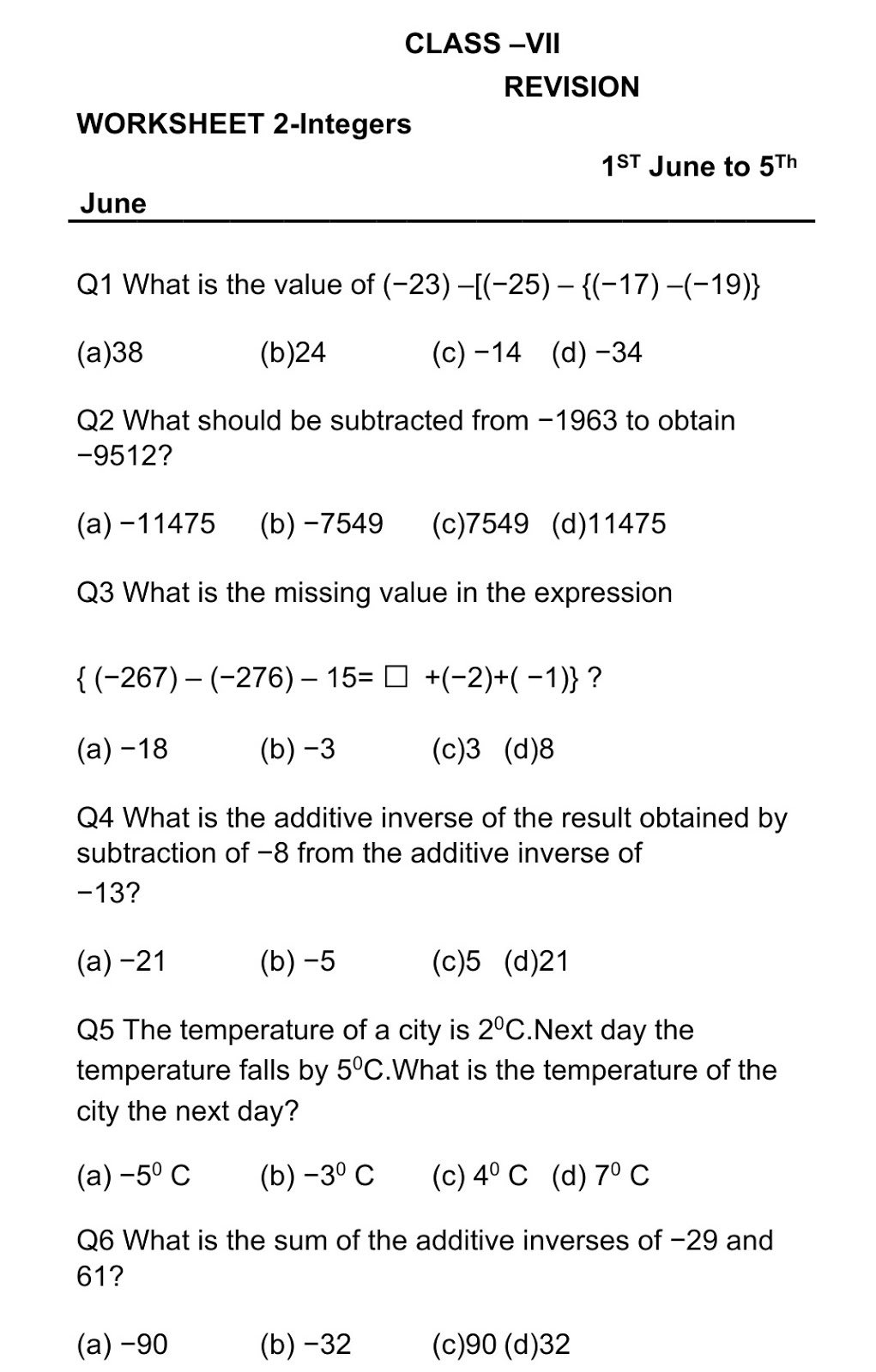 Holiday Homework Class 7