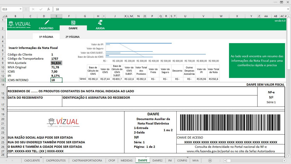 Planilha de Simulação de Nota Fiscal Eletrônica (DANFE) em Excel