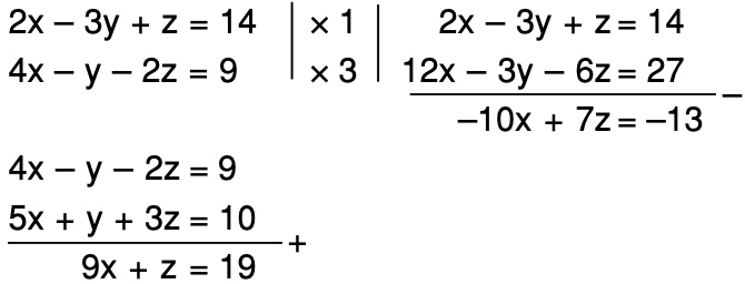 Tentukan nilai x, y, dan z dari sistem persamaan linear tiga variabel berikut! 2x - 3y + z = 14 ...