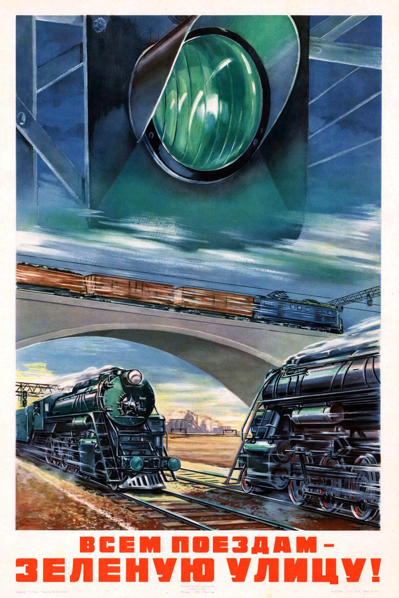 transpress nz: Soviet steam train poster, 1950