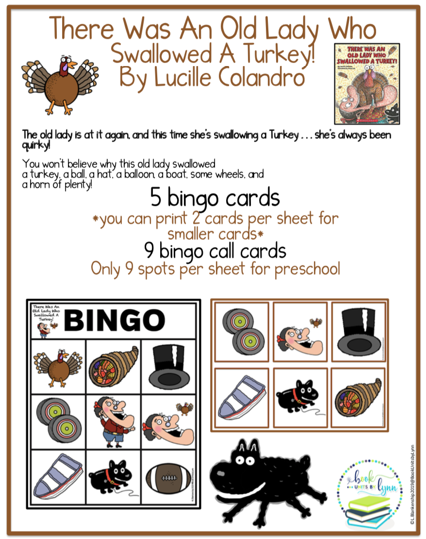 THERE WAS AN OLD LADY WHO SWALLOWED A TURKEY! BINGO ~ Book Units by Lynn