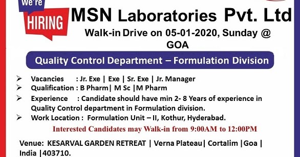 UDYOG ADDA: MSN LABORATORIES PVT LTD WALK IN INTERVIEW 05/01/2020 FOR QA FORMULATION DIVISION