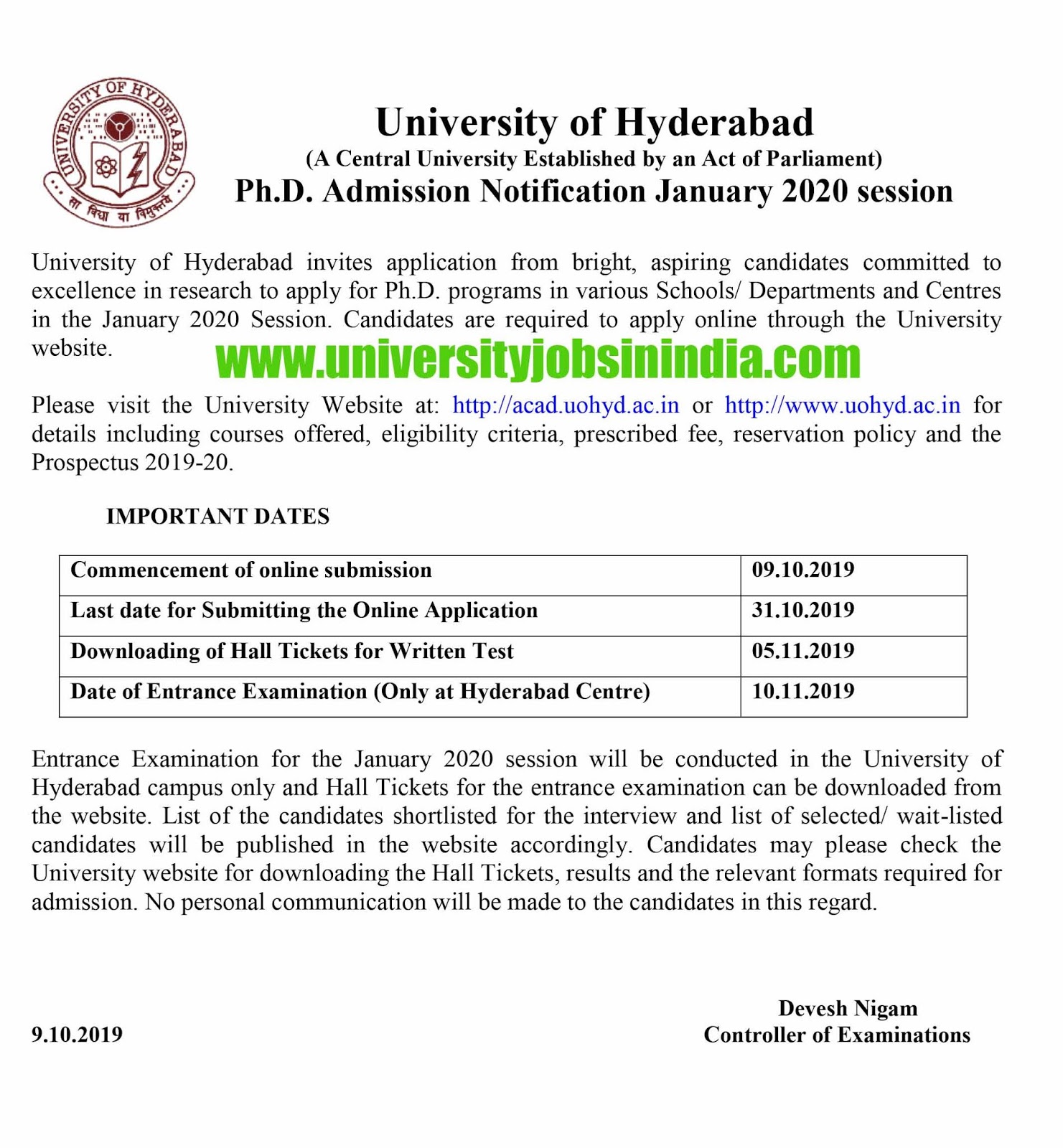 Phd Admission University Hyderabad