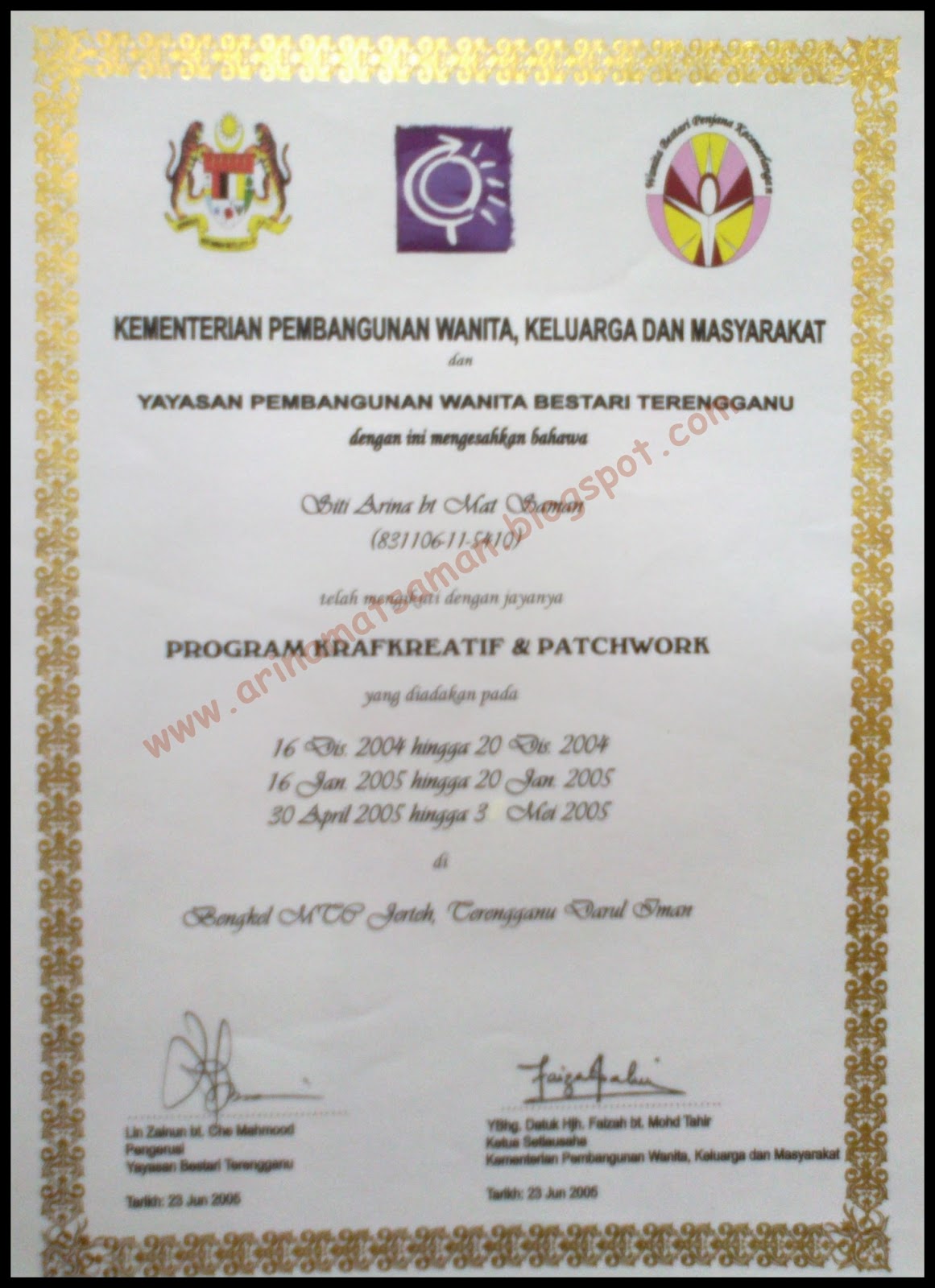 Arina Design & Services: Sijil-sijil kursus