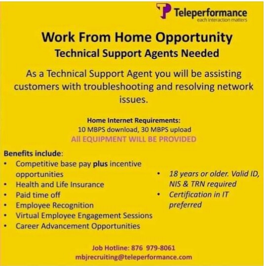 Work from Home Tech Support Agents - Teleperformance (Jamaica)