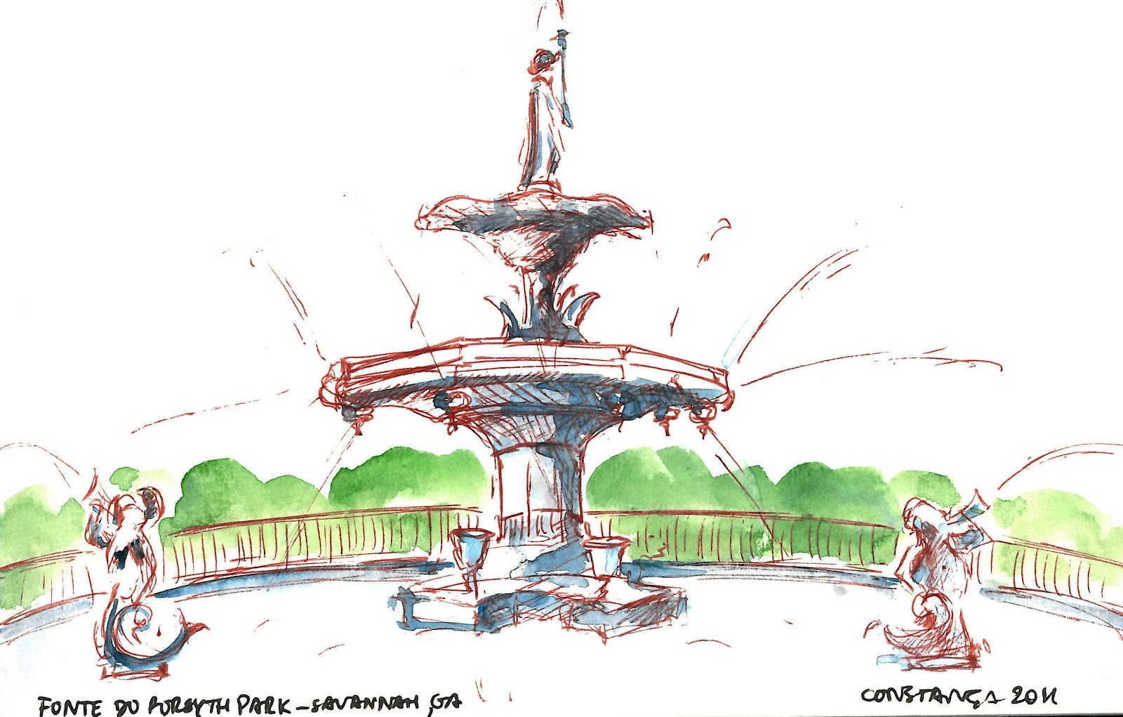 Sketching the World: The Fountain at Forsyth Park in Savannah,GA