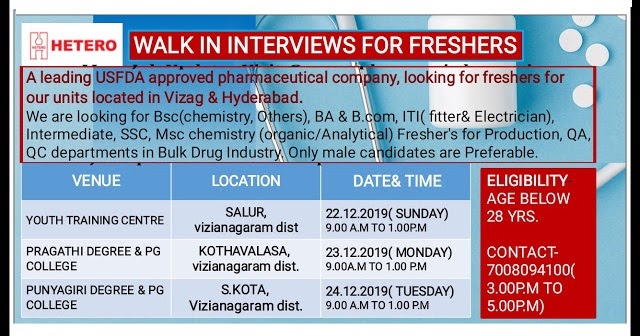 UDYOG ADDA: HETERO PHARMA WALK IN INTERVIEW FOR FRESHERS 22 23 24 DEC 2019