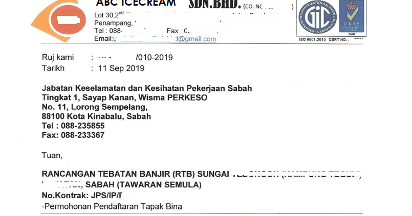 Contoh Surat Permohonan Syarikat Yang Memohon Kontraktor Utama Jkkp ...