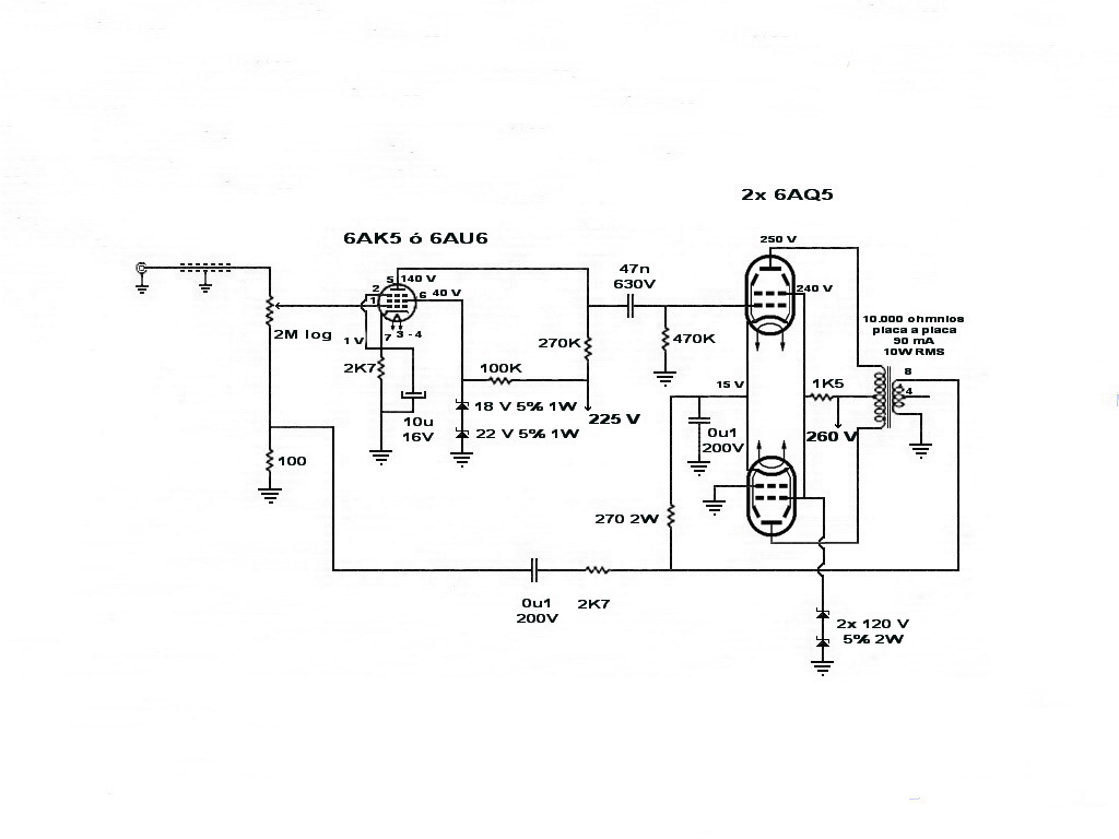 Información electrónica.: Amplificador con 6AK5 ó 6AU6 y dos 6AQ5 en clase AB1.