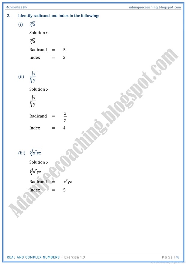 Adamjee Coaching: Real and Complex Numbers - Exercise 1.3 - Mathematics 9th