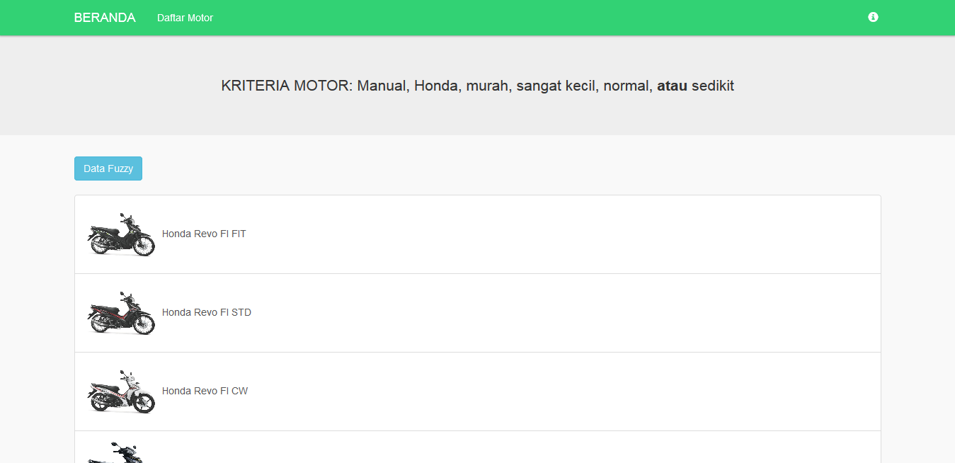Source Code Php Metode Fuzzy Database Tahani Pada Spk Pemilihan Motor Dengan Ci