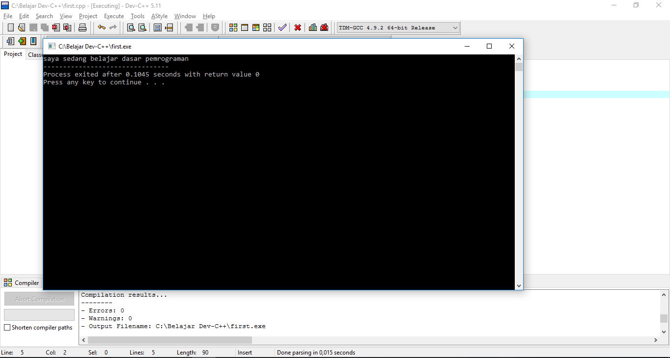 Mengeluarkan output string di dev-c++ (how to print string in dev-c++)