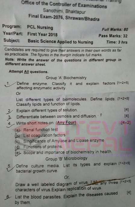 Basic Science Applied to Nursing - 1st Year Question Papers CTEVT | PCL ...