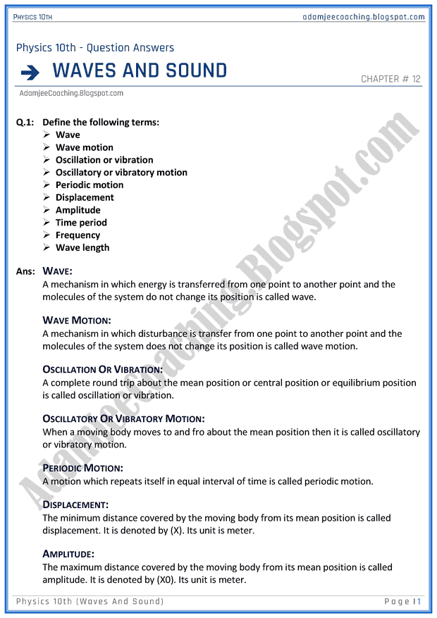 Adamjee Coaching: Waves and Sound - Question Answers - Physics 10th
