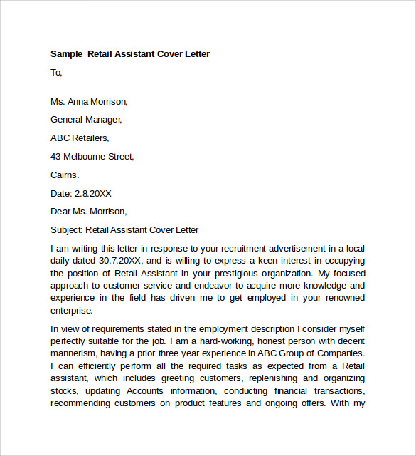 Cover Letter For Retail Assistant Resume Letter Cover Letter For Retail Assistant Resume Letter