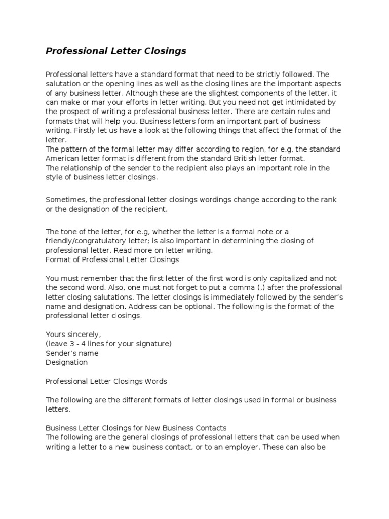 Formal Letter Closings - Formal Letter