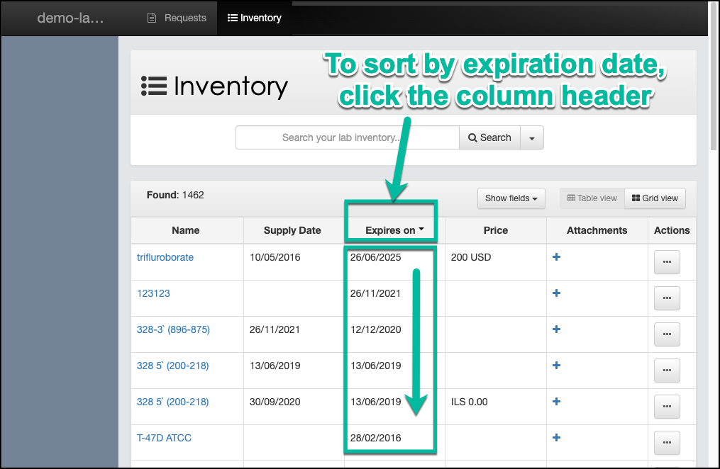 LabSuit Support: Sort inventory items by expiration date