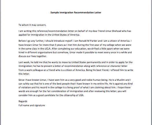 Letter Of Recommendation For Citizenship - Formal Letter