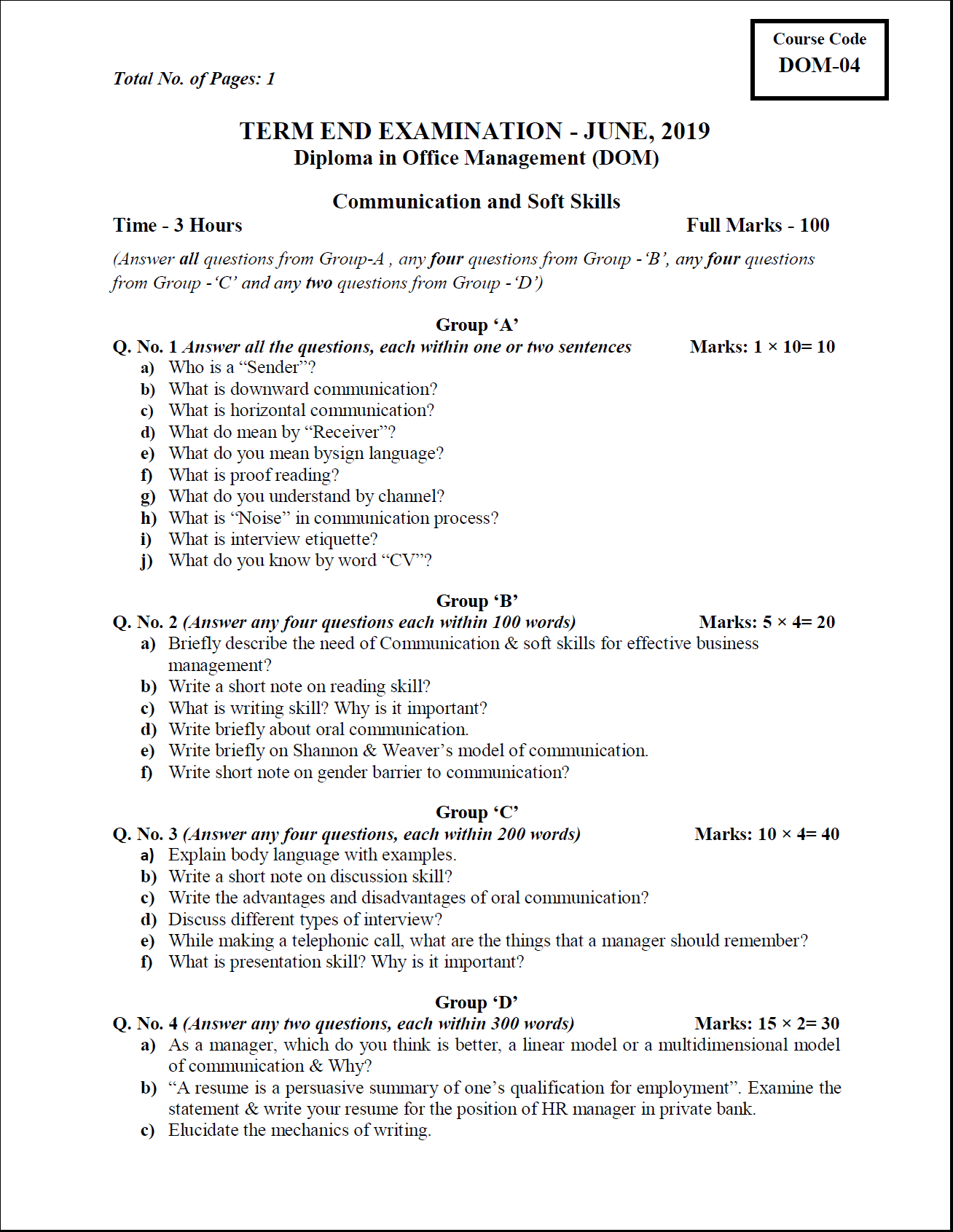 OSPU DOM Communication and Soft Skills June 2019 Question Paper ...