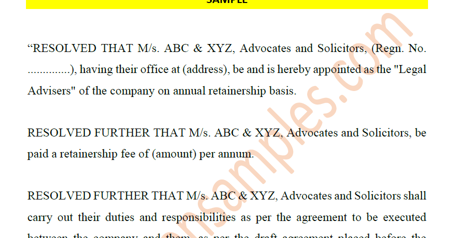 Board Resolution Format for Appointment of Legal Advisor