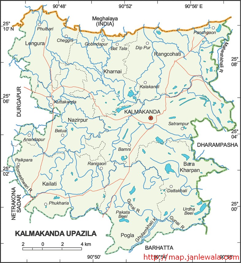 Kalmakanda Upazila Map, Netrokona District, Bangladesh